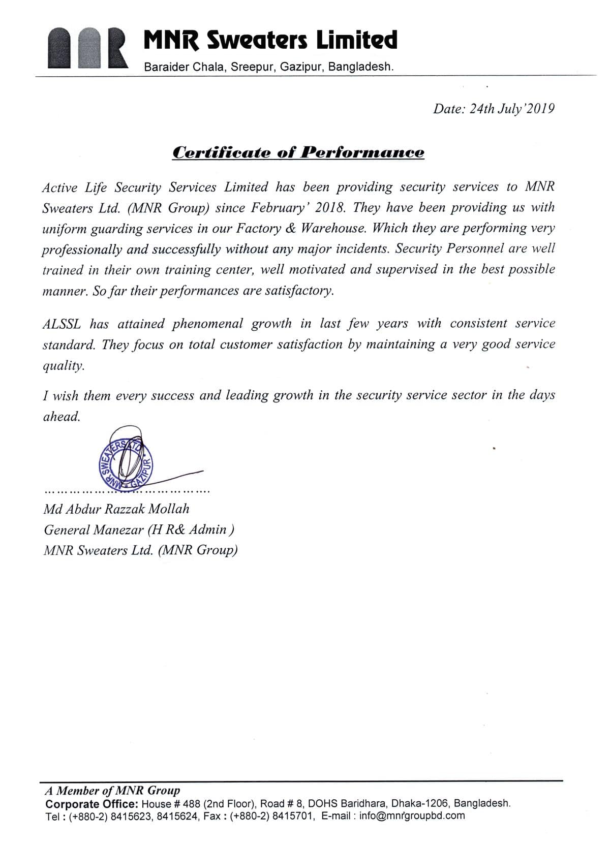 Reference Letter - Active Life Security Services Ltd.