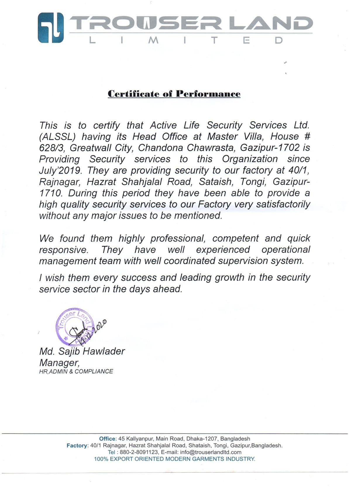 Reference Letter - Active Life Security Services Ltd.